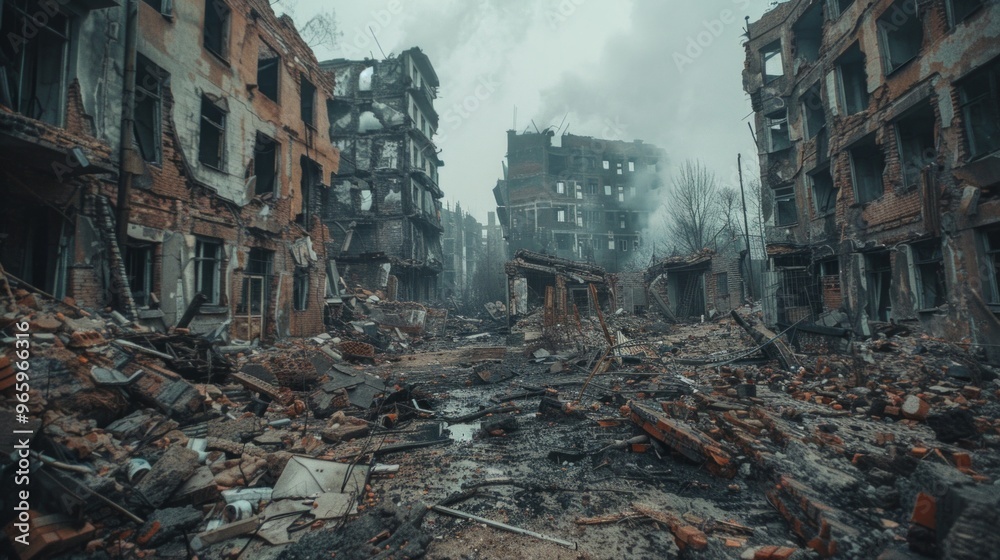 War Theme. Devastation with destroyed buildings, debris littered street ...