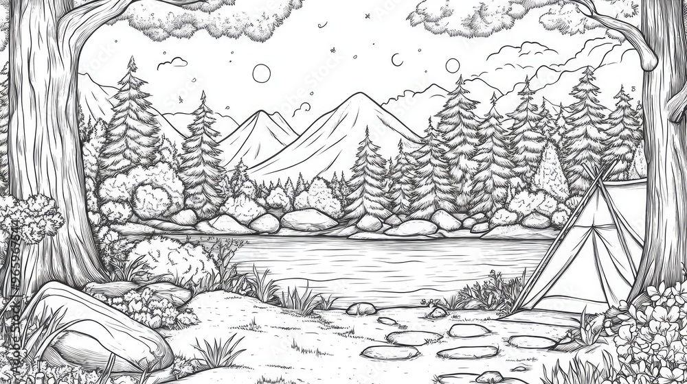 Camping themed coloring book page illustration Stock Illustration ...
