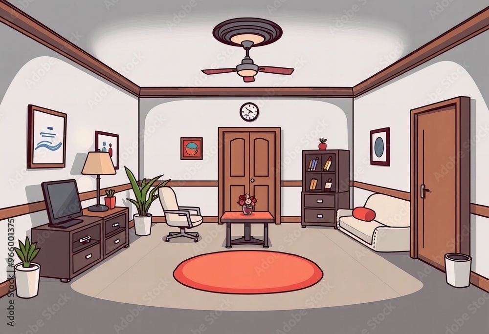 cartoon drawing of a living room with a ceiling fan and a television ...