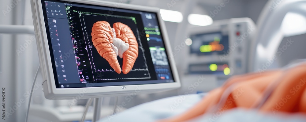 A close-up of a medical monitor displaying a detailed 3D image of human ...