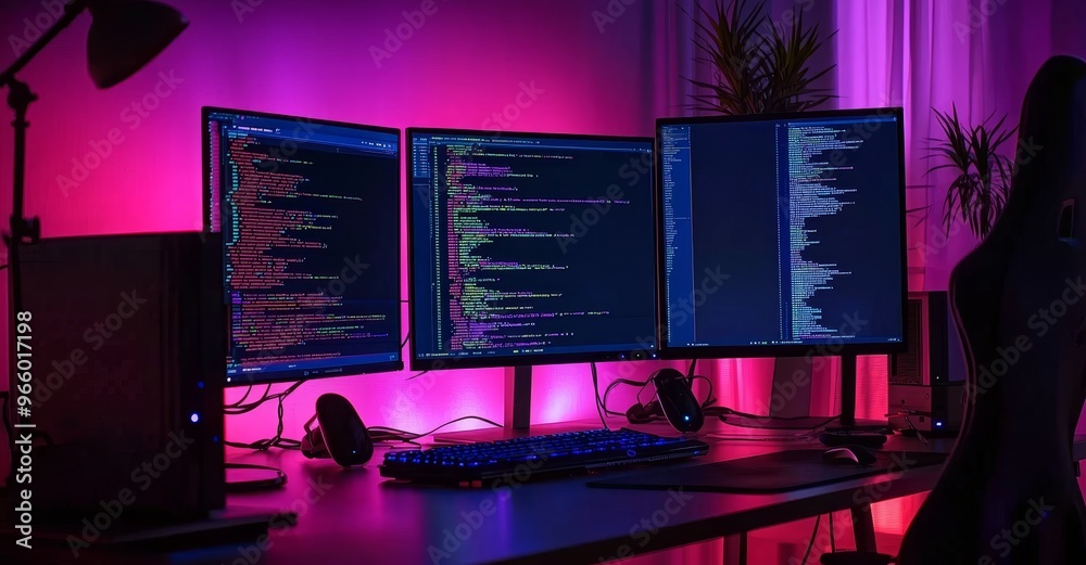 An empty software developer's office work space with a desk that ...