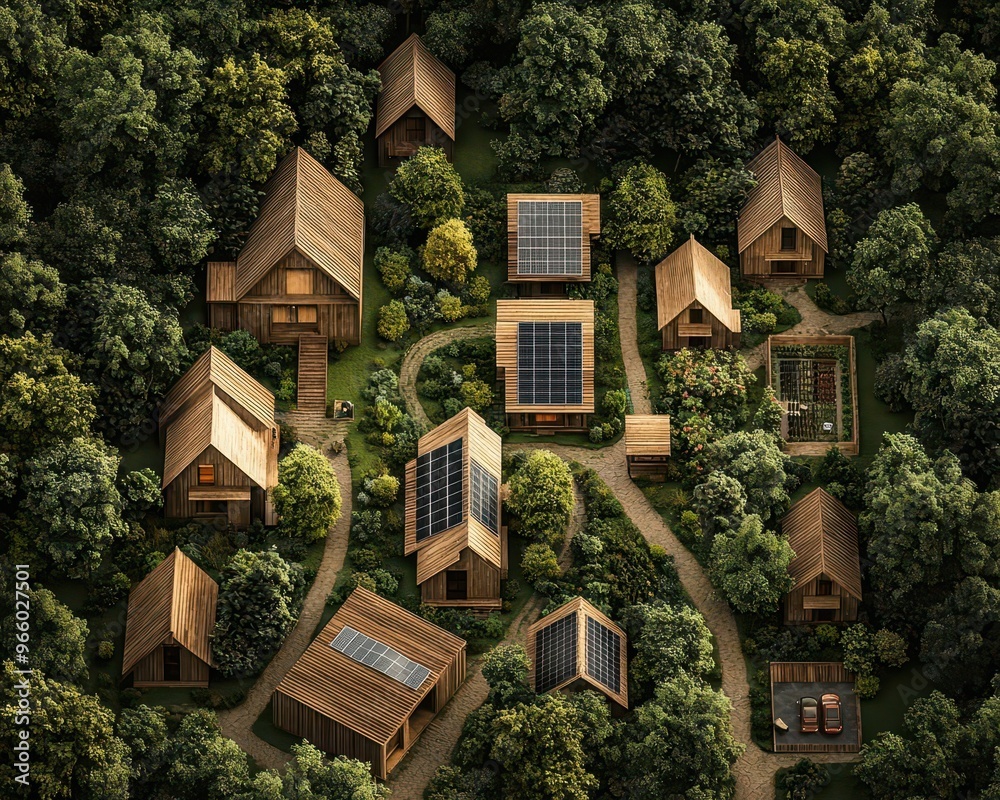 Birds-eye view of an eco-village built within a forest, wooden ...