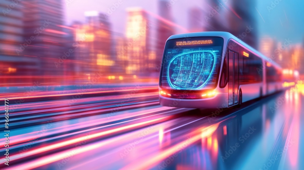 Illustration Stock AI-driven bus rapid transit, holographic route map ...