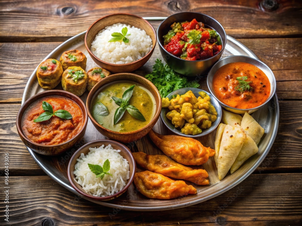 An Arrangement Of Popular Nepali Dishes Including Dal Bhat, Sel Roti ...