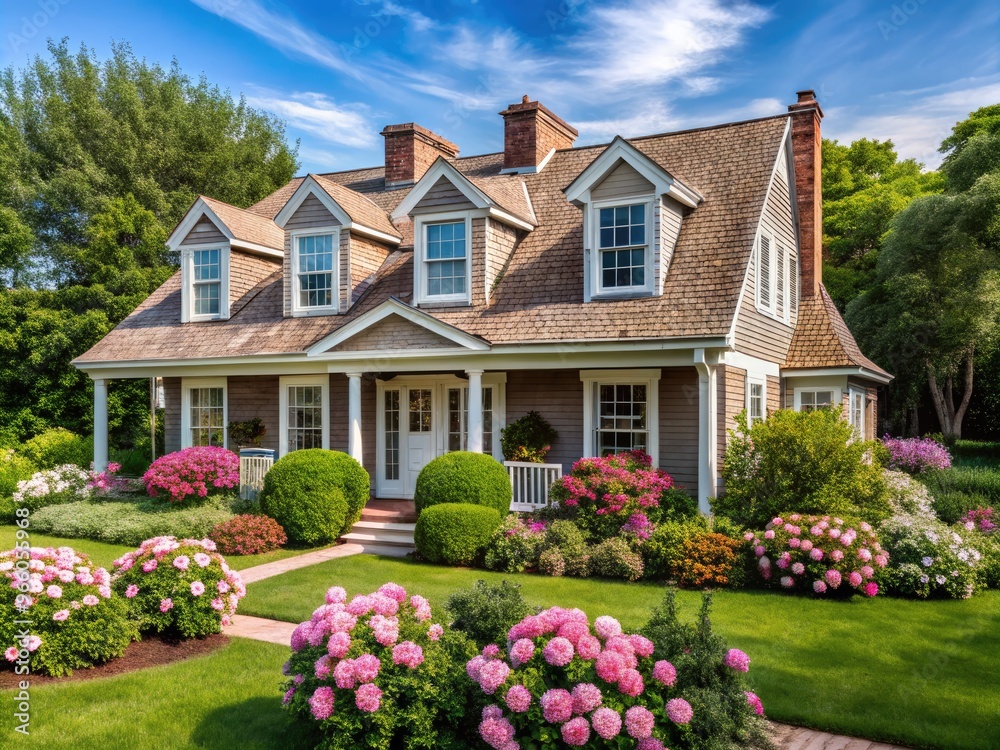 Classic Cape Cod-style house with weathered shingles, dormer windows ...
