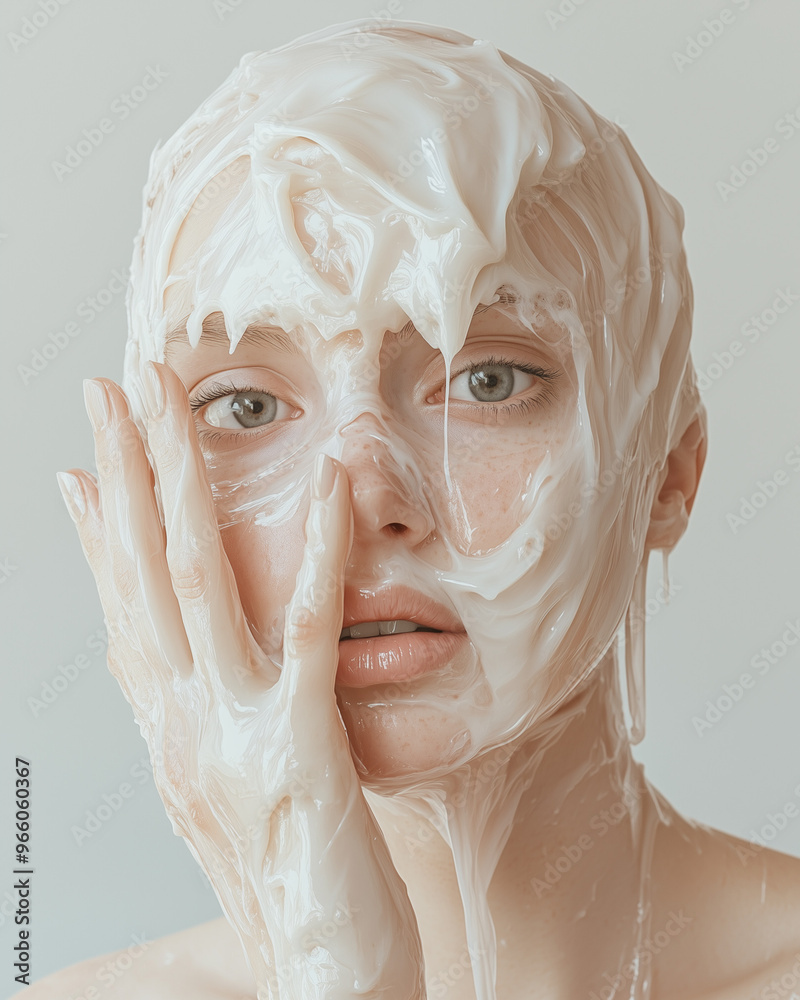 Close-up woman head profusely covered by white slime cream all over her ...