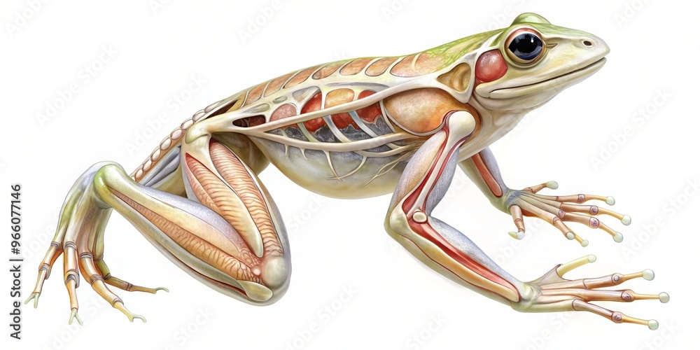 Anatomical illustration of a frog's skeletal system, showcasing its ...