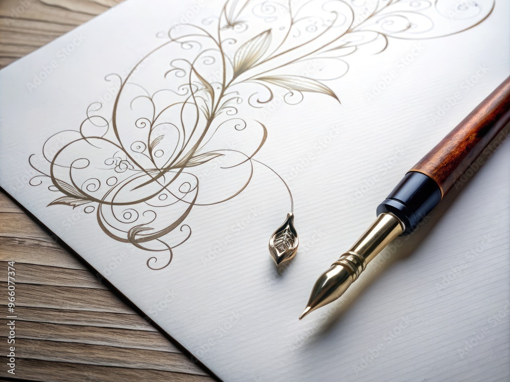 Intricate modern calligraphy script adornes a blank white page ...