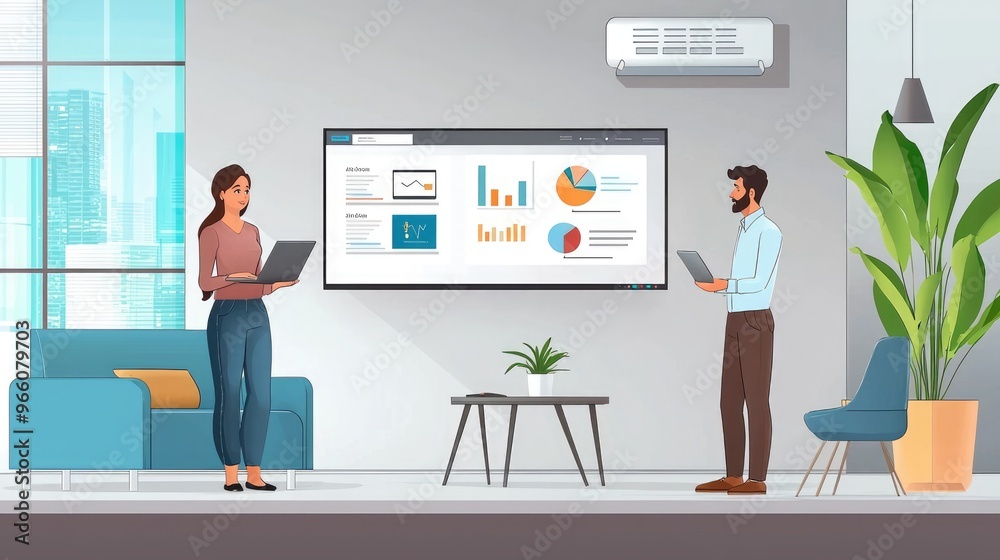 Business meeting presentation, managers discussing growth and data on ...