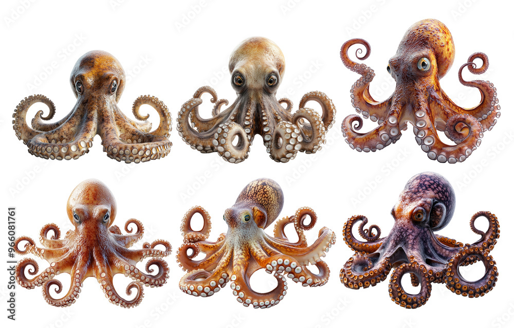 Realistic octopus sea creatures set isolated on transparent background ...