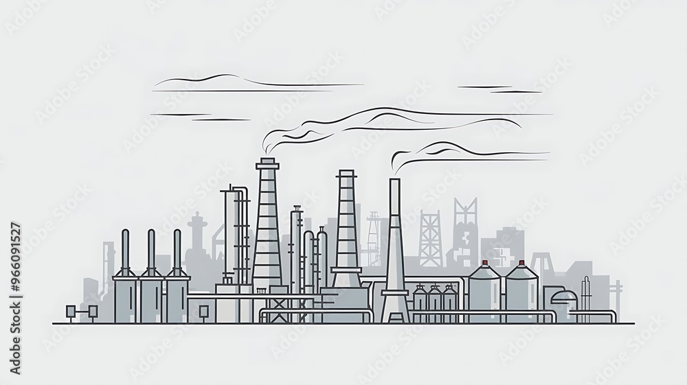 Line drawing depicting an industrial landscape featuring an oil ...