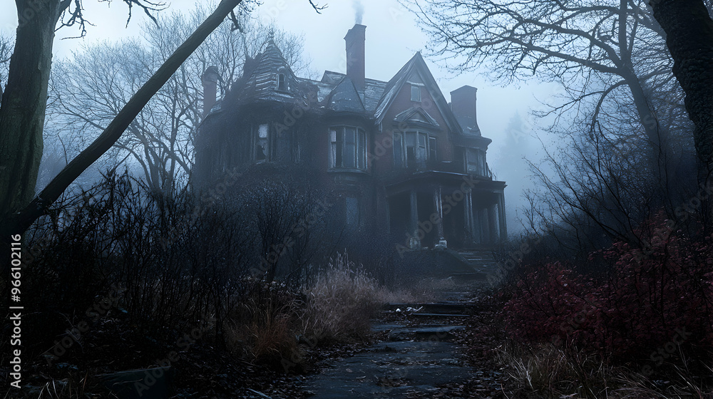 The exterior of a decrepit haunted house with tall, leafless trees ...