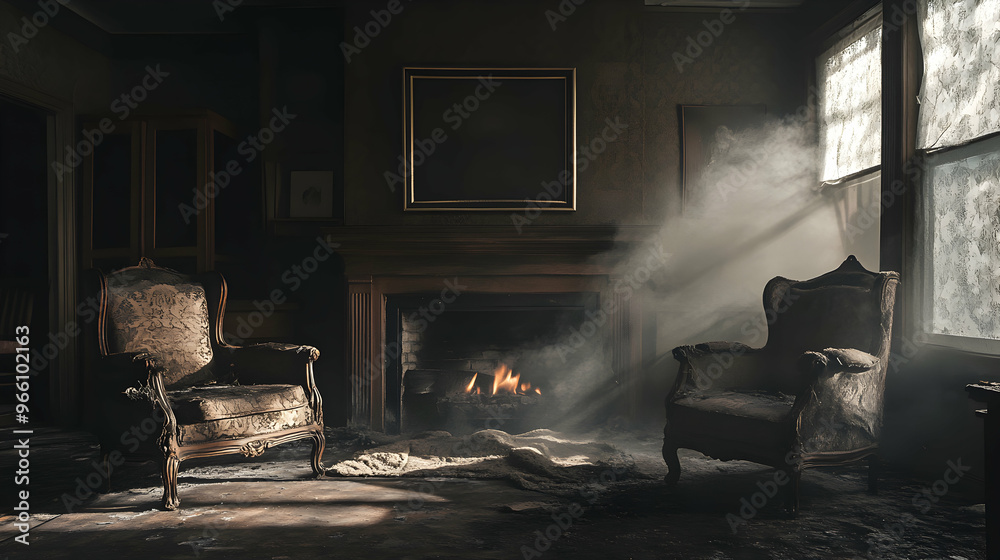 An eerie living room inside a haunted house, featuring a fireplace with ...