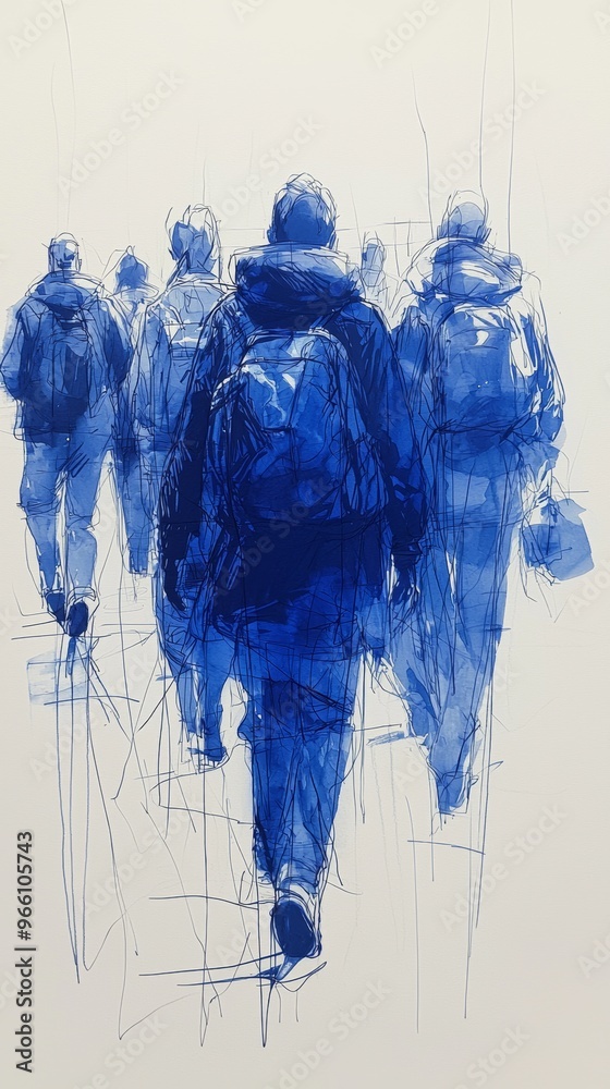 An expressive illustration showing a group of people with backpacks ...