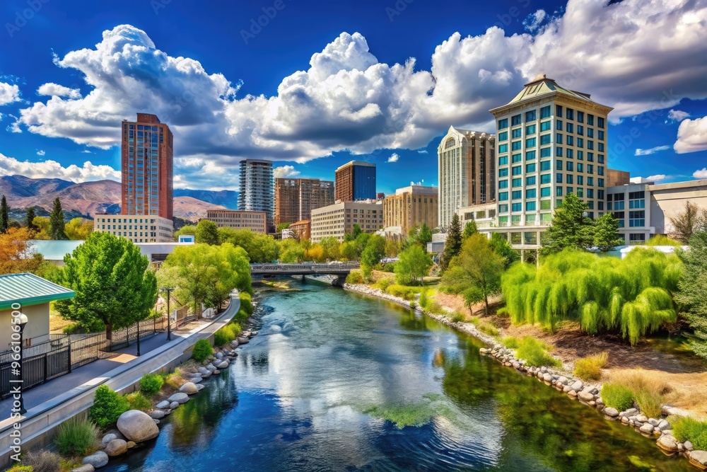 Ilustración de Stock Vibrant cityscape of downtown Reno, Nevada ...