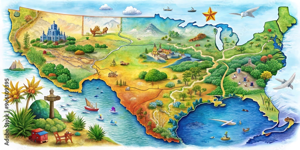 Vibrant illustrated map showcasing the 4 distinct regions of Texas ...