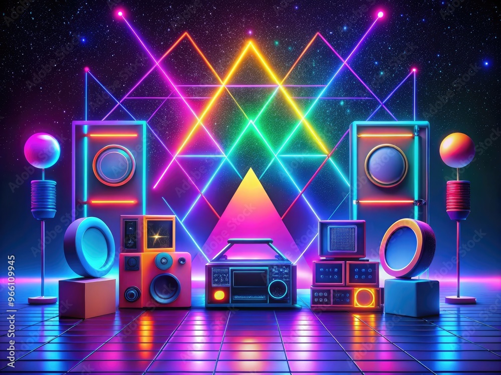 Vibrant Neon Colors, Geometric Shapes, And Retro Gadgets Evoke The ...