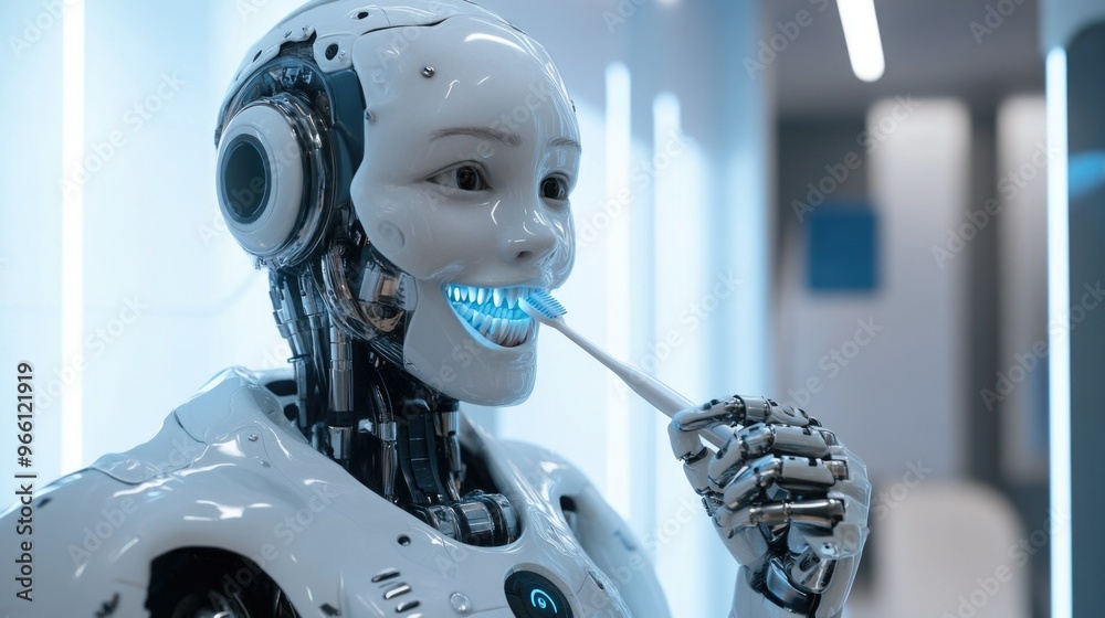 A humanoid robot brushes teeth with a toothbrush. The image ...