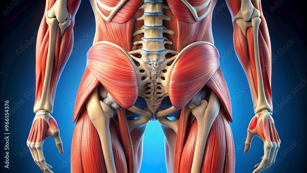 Detailed illustration of the human hip and surrounding muscles ...