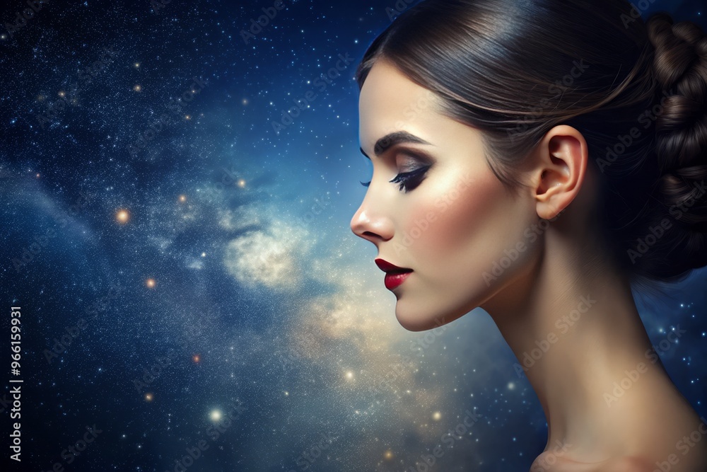 Elegant female face in profile, softly lit, with subtle facial features ...