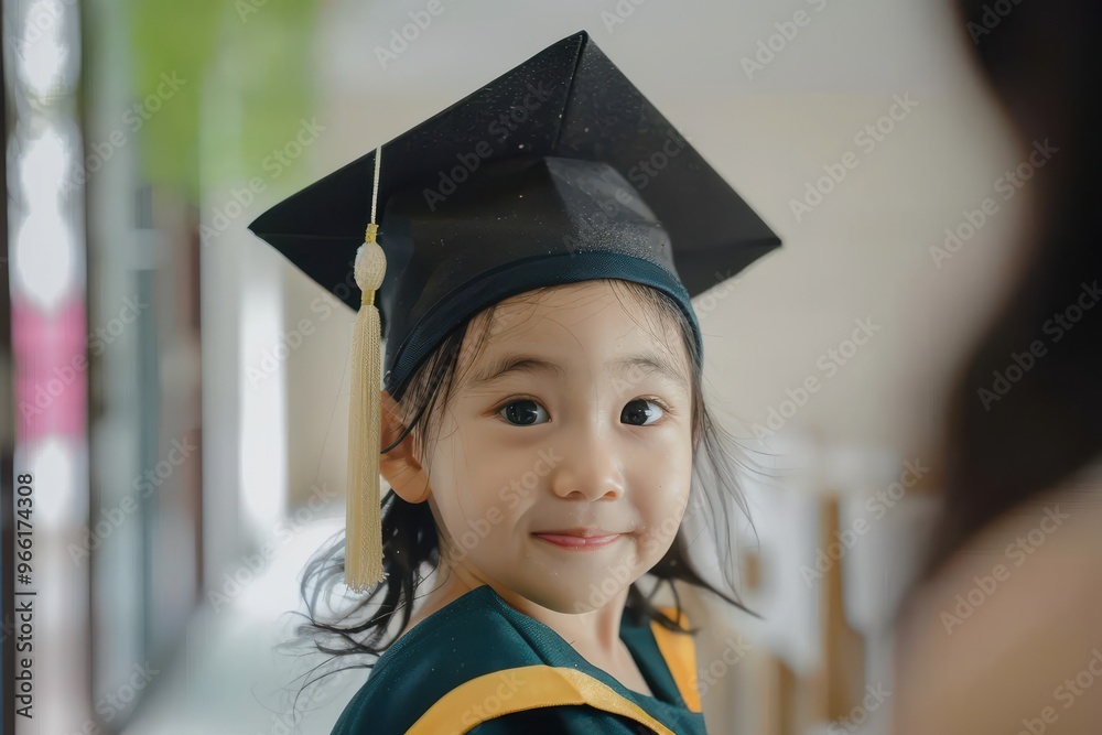 Thai cute baby girls receive her graduation hat with graduation day ...