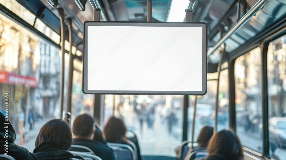 White blank advertising board mounted above seats in a city bus ...