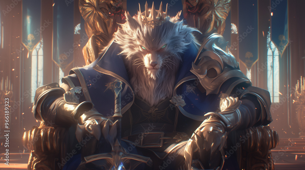 wolf beastfolk king seated on a throne wearing a crown and ornate armor ...