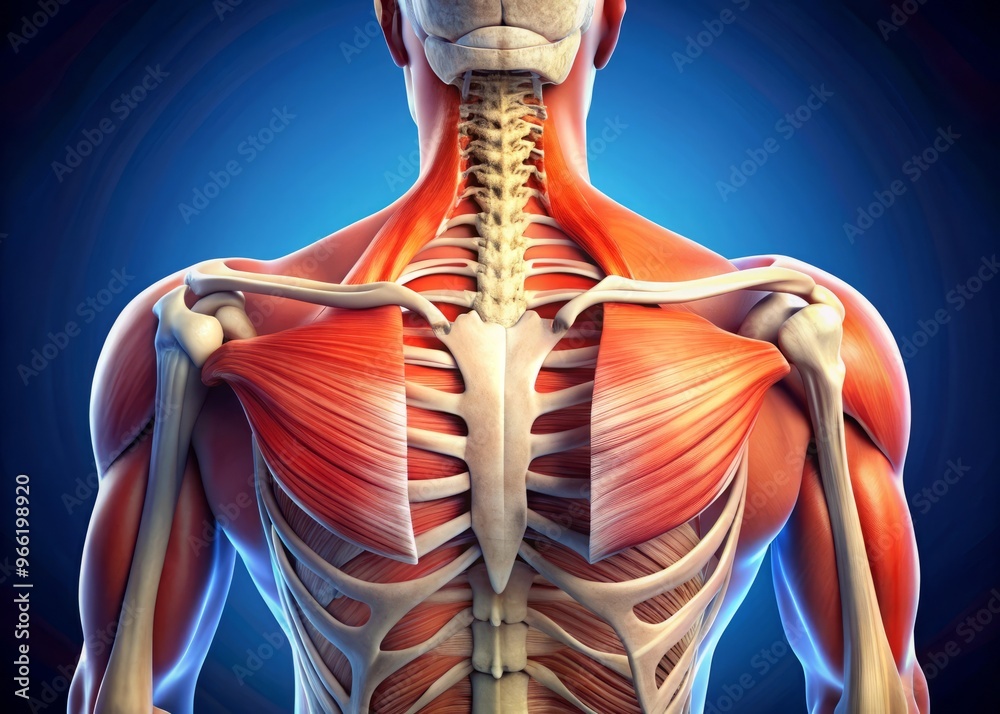 Illustration of the human shoulder blade anatomy showing the trapezius ...