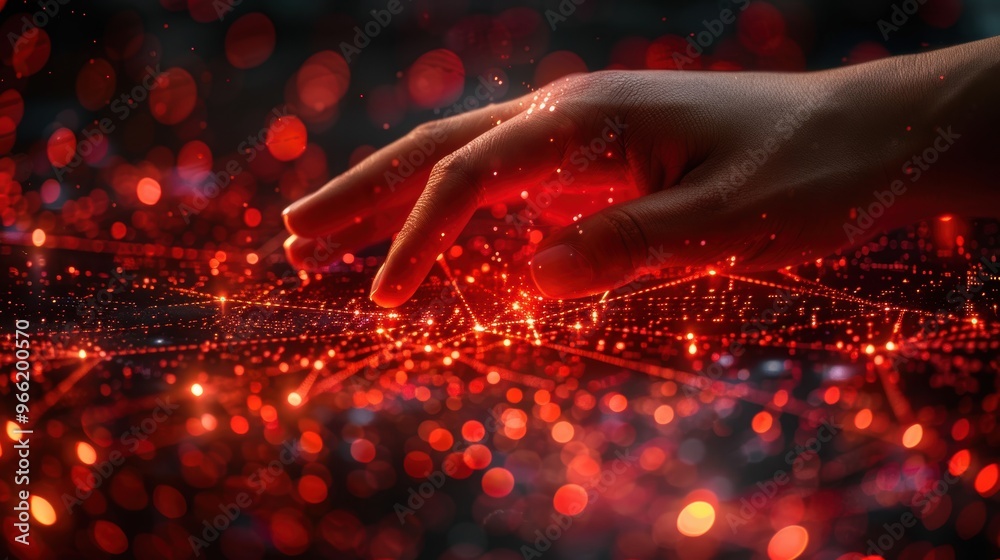 Fingertips touching a digital network connection, hand on a dark red ...