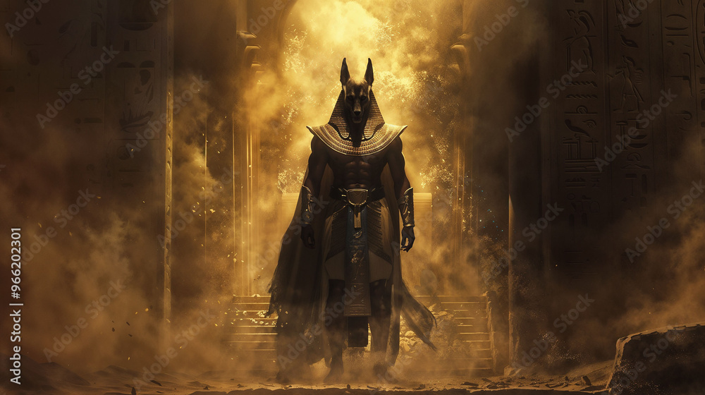 Majestic Anubis figure silhouette emerging from golden mist. Ancient ...