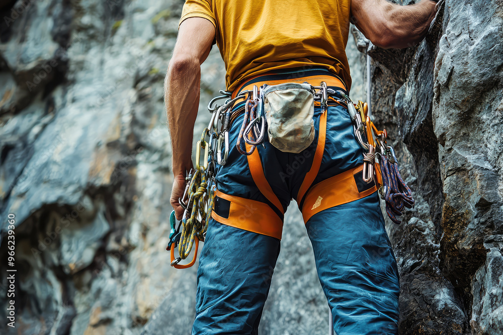 Climber preparing to ascend rock face, equipped with climbing gear and ...