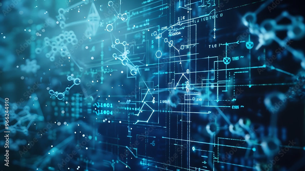Close-up of intricate science formulas on a transparent computer screen ...
