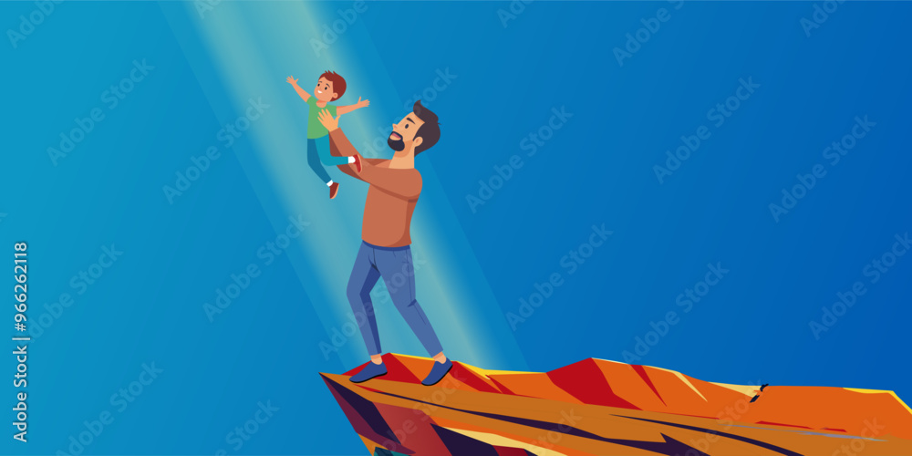Dad lifts his son in his arms. Concept art for Father's Day. Flat ...