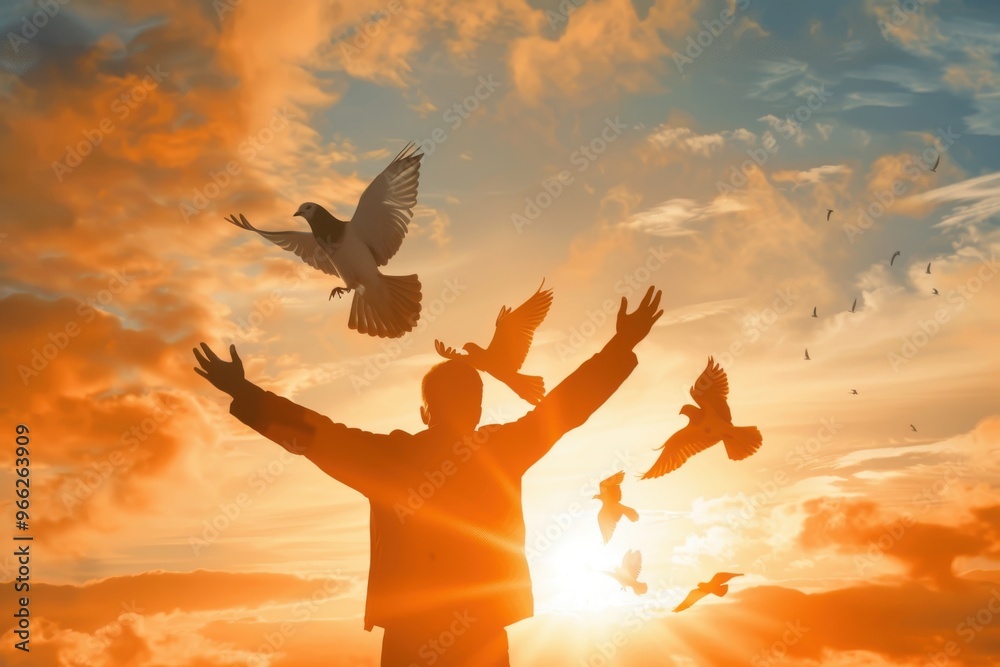 Man release birds with praying hand silhouette in front of sunlight sky ...