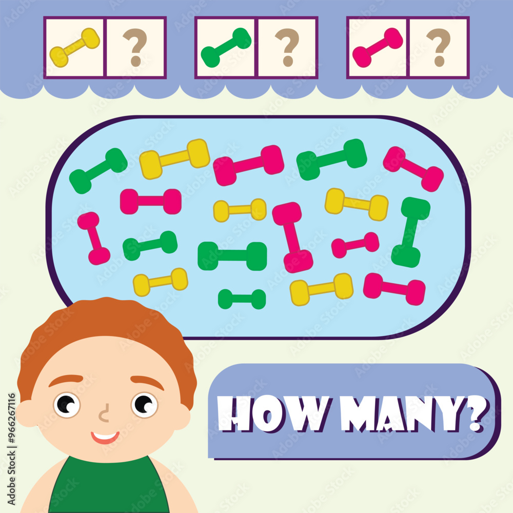 Counting educational kids game, activity sheet for kids in math. How many objects task. Vector ...