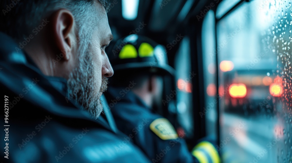Firefighters intensely focused on their mission, seen through the ...