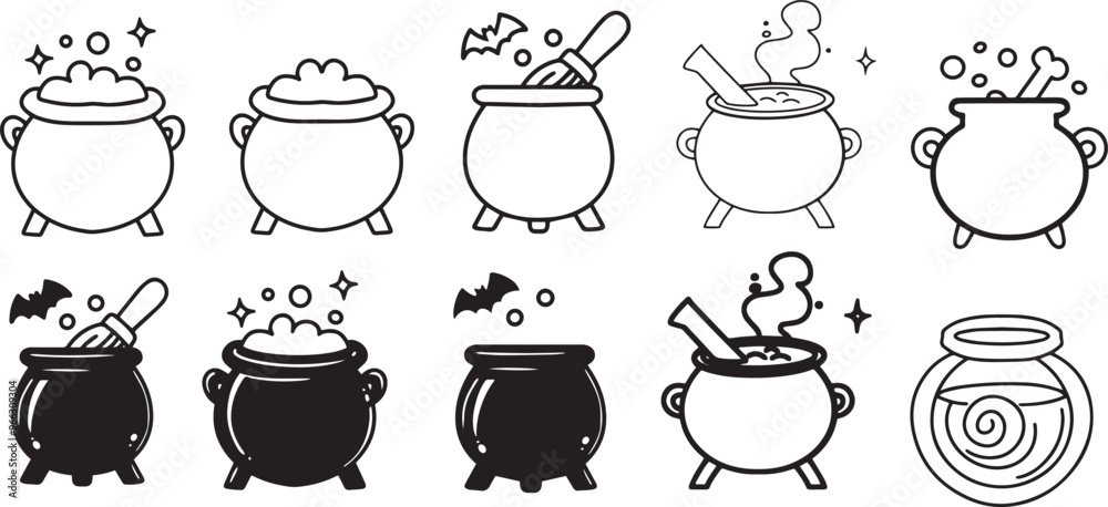 Asset line art witch cauldron 2d flat illustration freehand drawing ...
