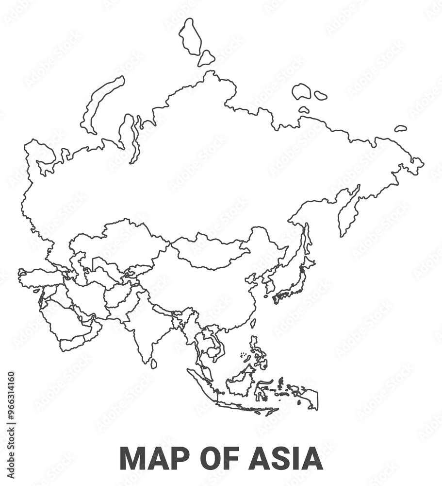 Outline Asia map with borders of region vector illustration Stock ...