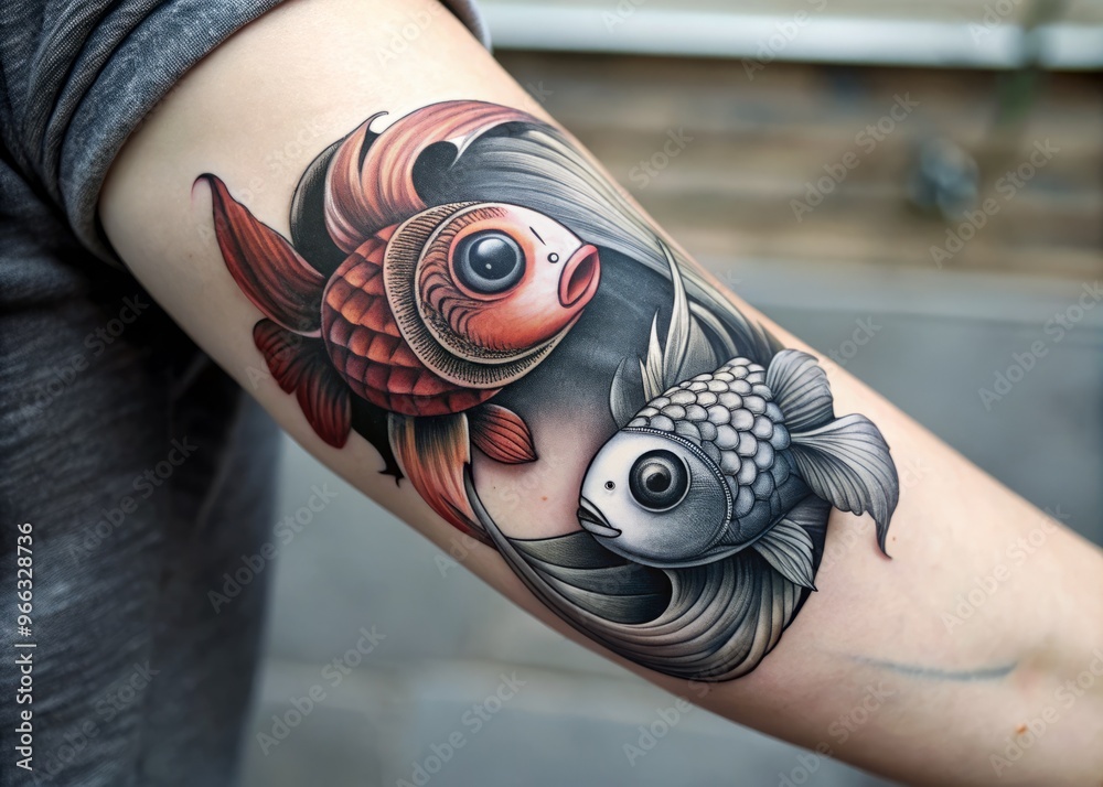 Vibrant yin yang fish tattoo design on a woman's forearm, featuring ...