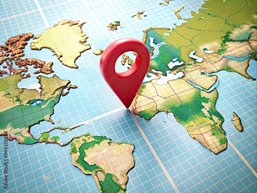 A colorful map with a red location icon marking a specific point ...