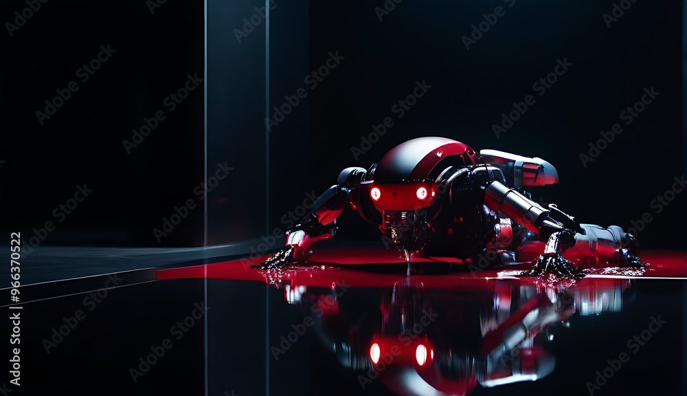 futuristic killing machine cyborg robot pool puddle blood dark ...