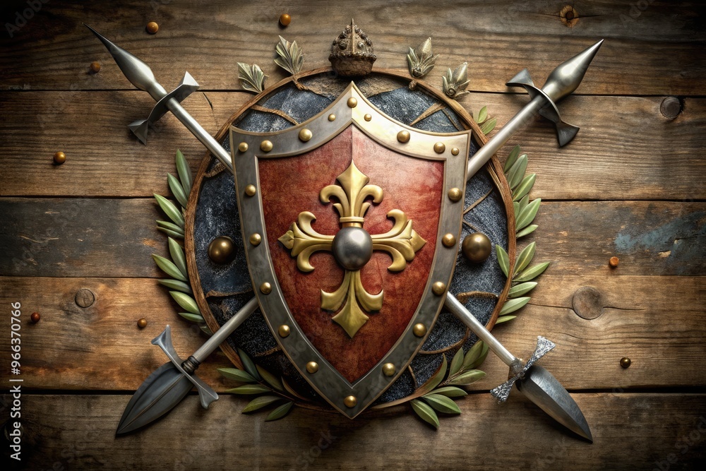A medieval-inspired shield adorned with intricate armor symbols ...