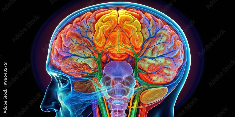 Colorful, detailed, dorsal view illustration of a CT scan showing the ...