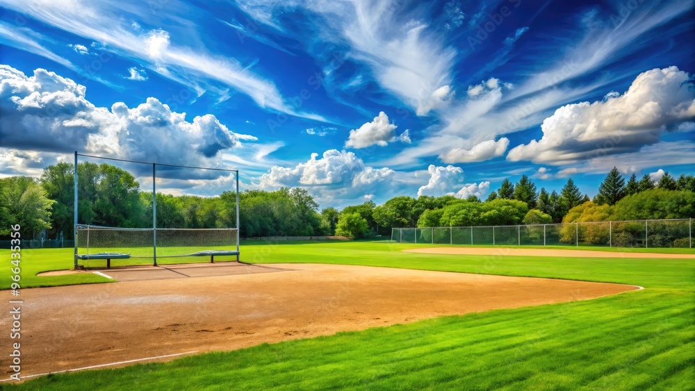 Green grass softball field with freshly lined dirt paths, backstop, and ...