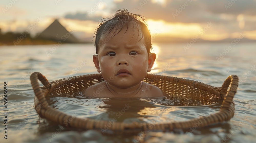 Serenity of baby moses floating in a basket at sunset by the pyramids ...