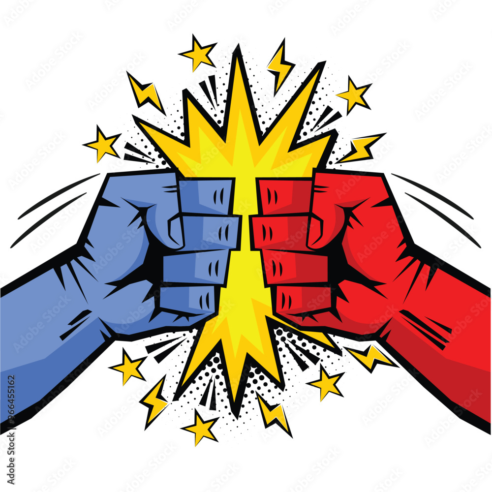 Red vs blue clenched fists fighting. Fist bump, fight without rules ...