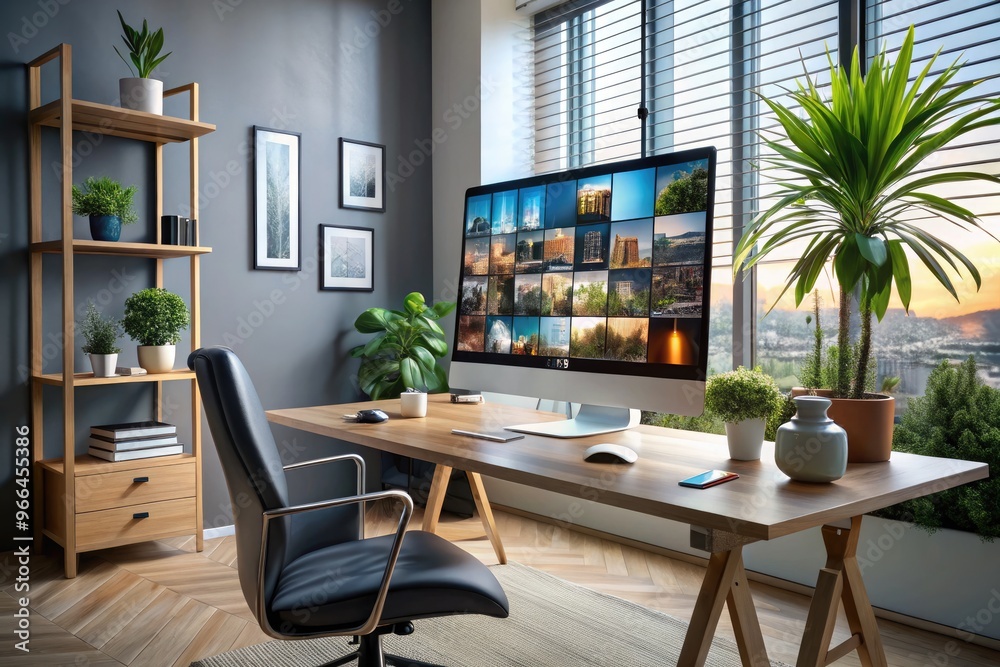 Modern minimalist interior with sleek desk, computer, and large monitor displaying AI-powered ...