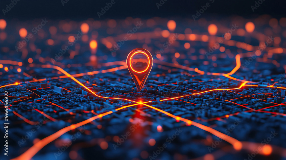 Futuristic glowing map with GPS navigation markers, depicting high-tech ...