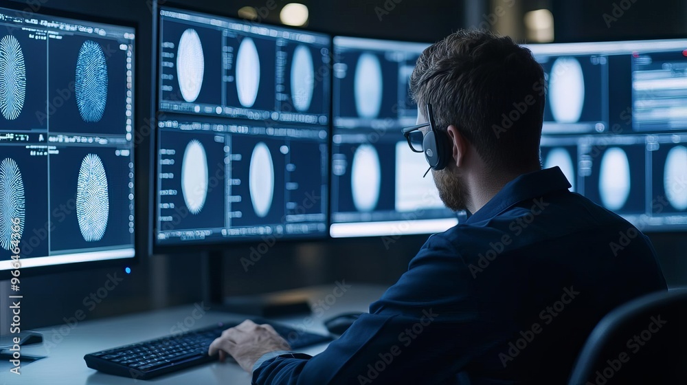 Cybersecurity expert monitoring fingerprint data breaches on multiple ...