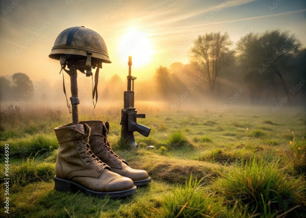 Silent tribute of worn combat boots, rifle, and helmet marking the ...